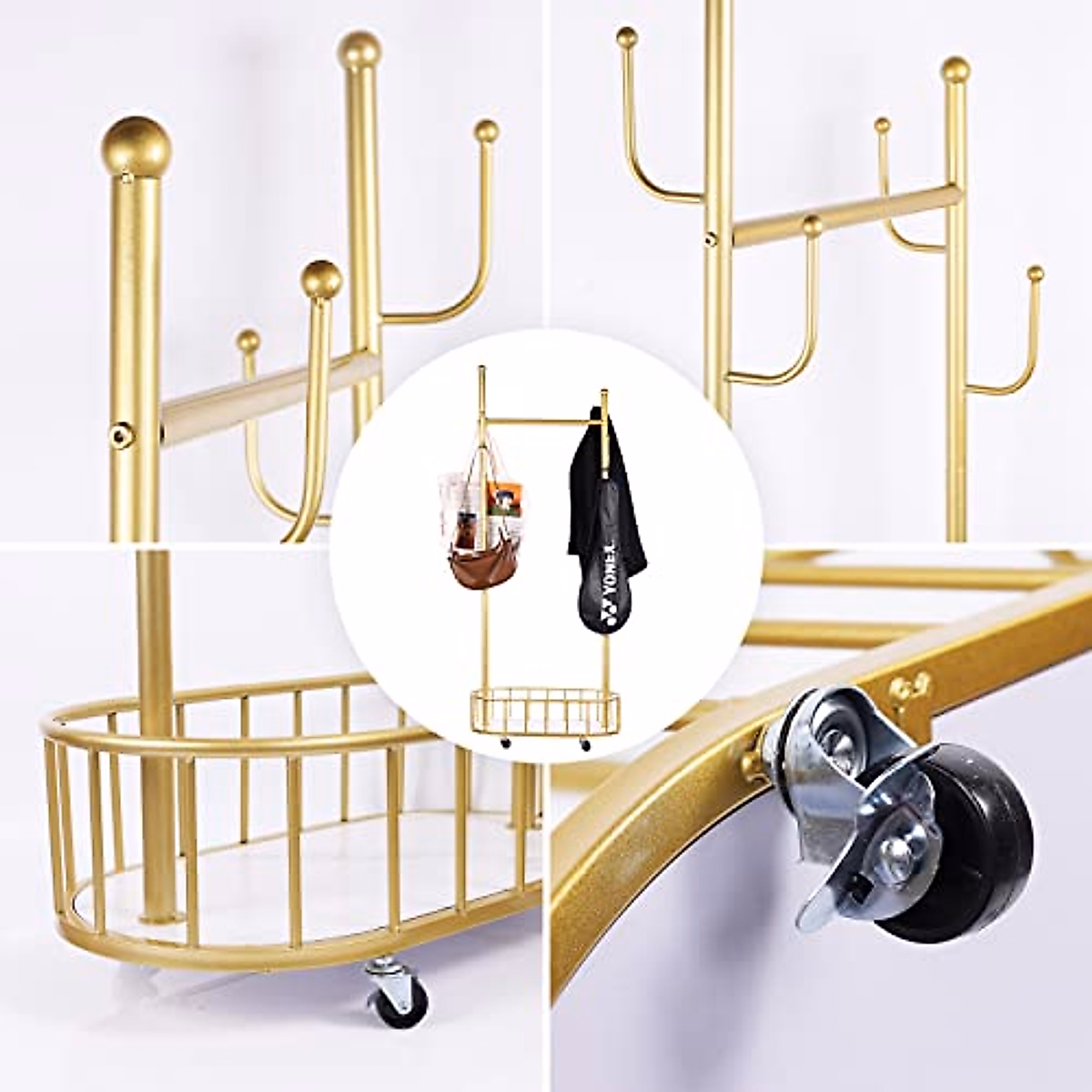 ZHANYUN Gold Metal Garment Rack, Clothes Racks on Wheels, Rolling Clothing Rack with A Hanging Rod and Bottom Storage Basket Shelves (Gold)