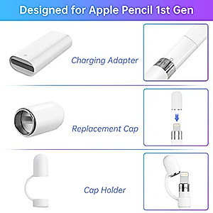 Magnetic Replacement Cap and Charger Adapter for Apple Pencil 1st Generation (with Silicone Protective Cap Holder)