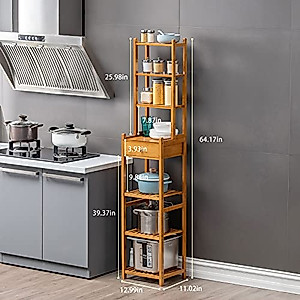 Yinanroa Bamboo Bathroom Storage Shelf 7-Tier Corner Bakers Rack Bathroom Storage Organizer Detachable Narrow Shelf Multifunction Storage Rack