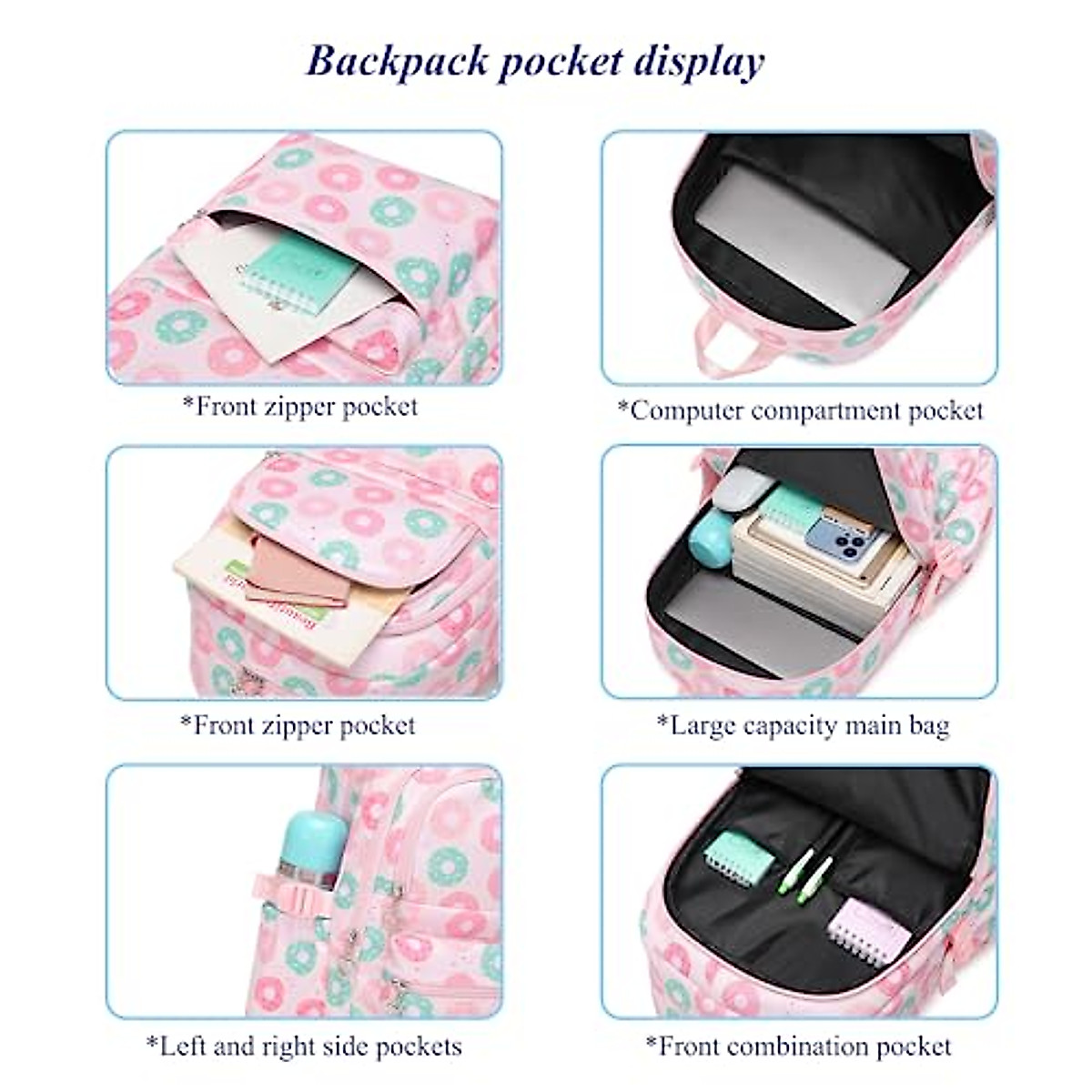 YJMKOI 3PCS Donut Print Backpack for Girls Middle-School Elementary Bookbags with Lunch Box (Grey)