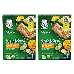 Gerber Organic Grain & Grow Toddler Bars, Banana Mango Pineapple, Soft Baked Grain Bars Toddler Snack, 8 Individually Wrapped Bars/Box (Pack of 2 Boxes)