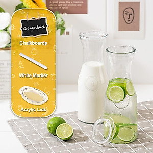 Woisut Set of 4 Glass Carafe with Lid, 1 Liter Beverage Glass Carafe, Juice Carafe Water Pitcher for Mimosa Bar Supplies, Brunch, Drink, Milk, Cold Water, Iced Tea, Lemonade