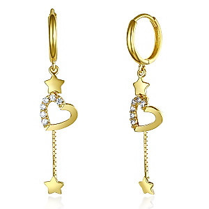 14k REAL Yellow Gold Heart & Star CZ Drop Earrings