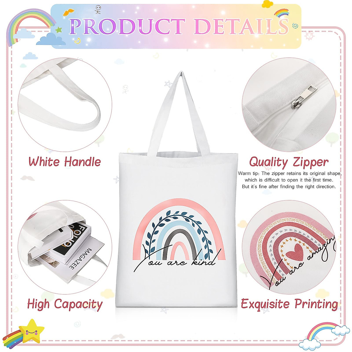 2 Pieces Rainbow Canvas Bag Inspirational Boho Tote Bag with Zipper Back to School Gift for Girls Kids Thank You Gift for Teacher Reusable Canvas Bag for Girls Women Daughter Bff Birthday Favors