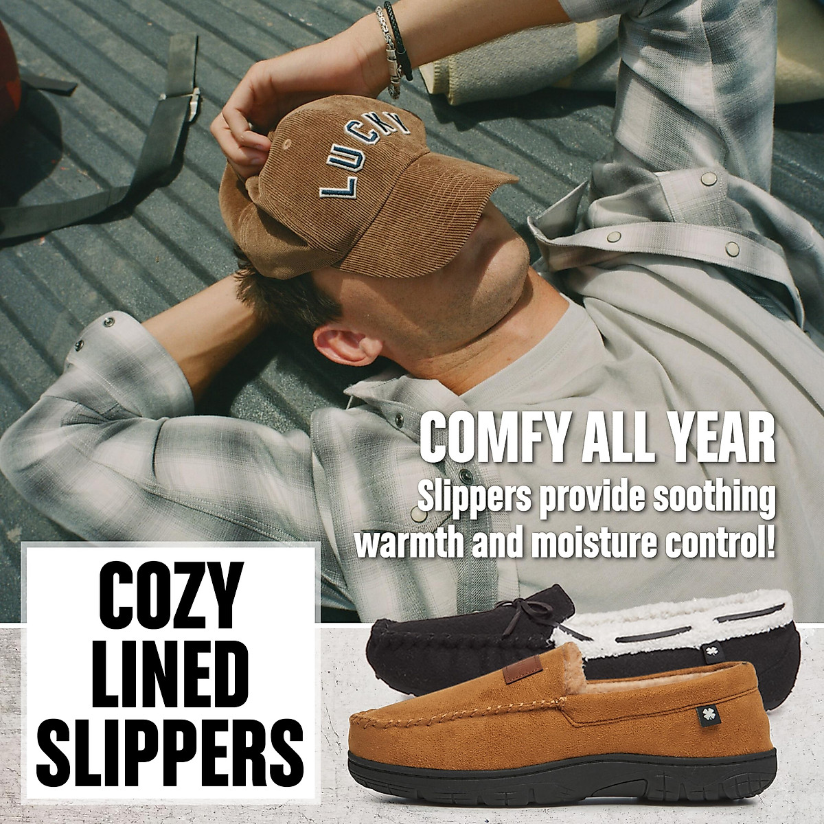 Lucky Brand Mens Micro-Suede Moccasin Slippers with Faux Sherpa Lining