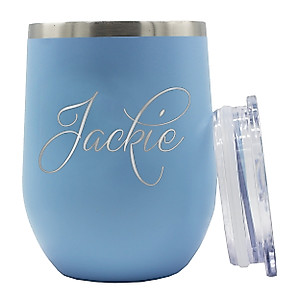 The Wedding Party Store, Personalized 12 oz Insulated Stemless Wine Tumbler - Custom Engraved and Monogrammed (Carolina Blue)