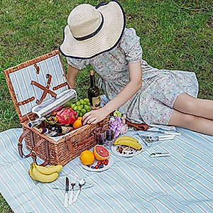 Wicker Picnic Basket Set for 4 Persons with Large Insulated Cooler Compartment, Adjustable Shoulder Strap, Willow Hamper and Free Waterproof Blanket Set with Cutlery Service Kit