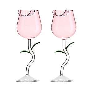 MEUMITY 2 PCS Rose Shaped Cocktail Cup,Creative Flower Shaped Red Wine Glasses with Lifelike Leaves Multifunctional Fashion Household Cups for Wedding Birthday Bar Party,Pink