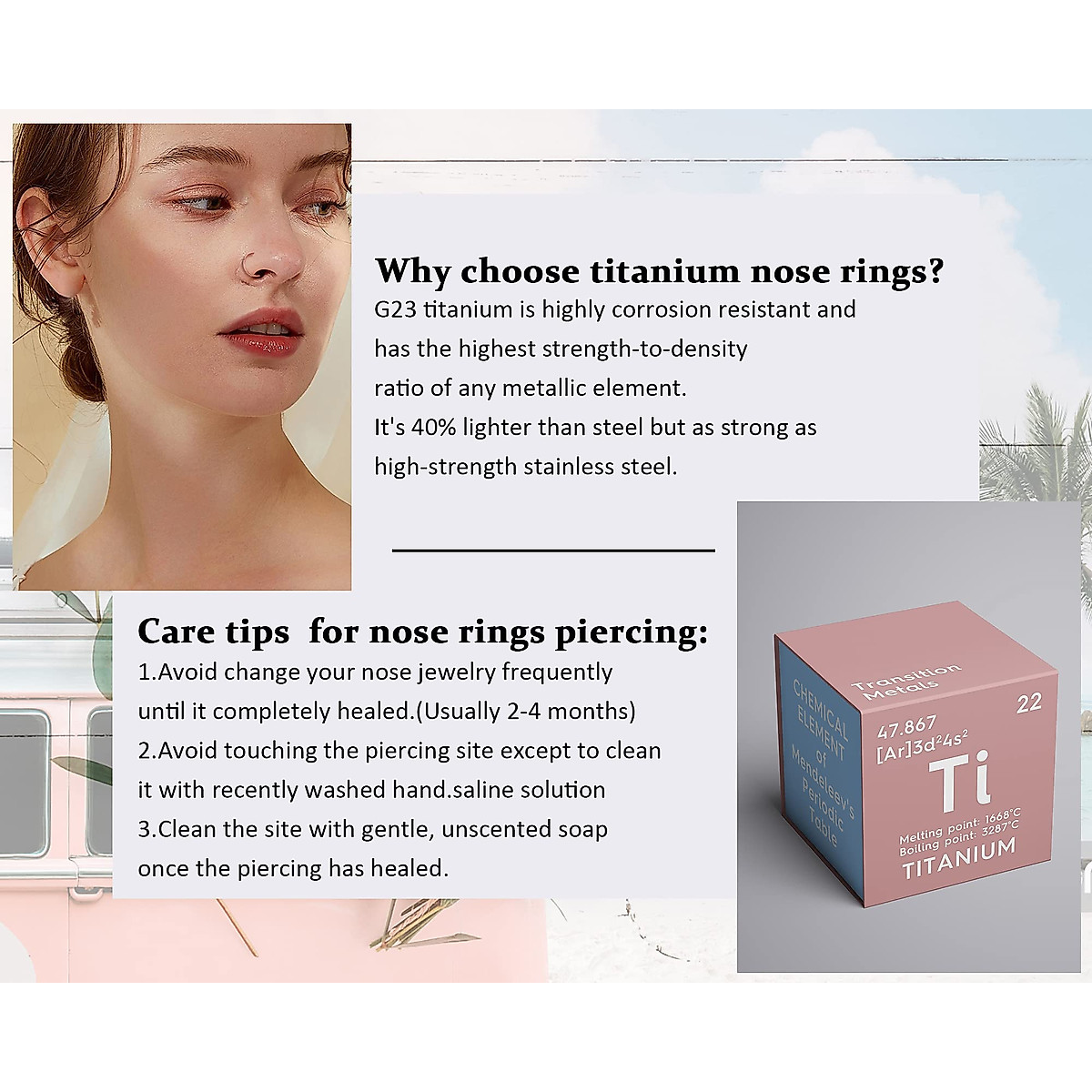 MILACOLATO 6PCS G23 Titanium Nose Rings Hoops 18G C-Shape Fake Nose Ring Disc Hypoallergenic Lip Nostril Body Piercing Jewelry Rings for Women Men, 8mm