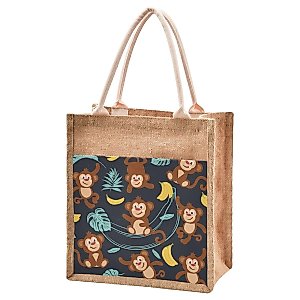 Jute Burlap Tote Bag Navy Monkey Banana Palm Leaves Tropical Cute Animal Large Capacity Reusable Grocery Shopping Storage Bag
