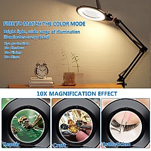 HITTI 【Upgraded Switch】 10X Magnifying Glass with Light, 2200 Lumens 2-1 Desk & Clamp Magnifying Lamp, Stepless Color and Brightness, Hands Free Magnifier Light and Stand for Crafts Workbench-Black