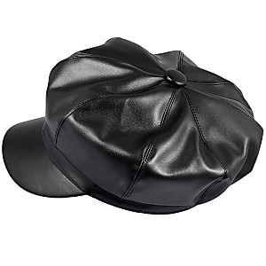moonsix Newsboy Hat,Plain Cabbie Visor Beret Gatsby Ivy Caps for Women,Black(PU Leather Style 2)