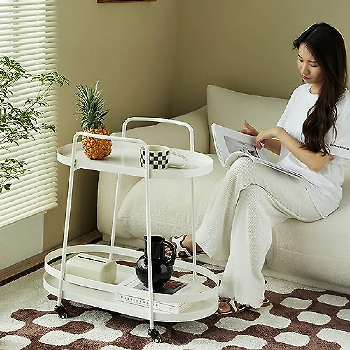 VLOBAOM Rolling Serving Bar Cart, Metal Oval Coffee Table Sofa Small Side Table, Utility Trolley for Home Decoration,27''Dx18''Wx29''H,White