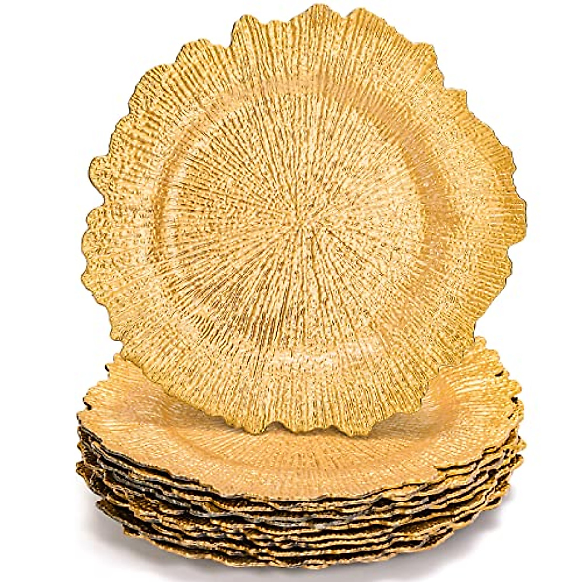 WUWEOT 12 Pack 13" Gold Charger Plates, Plate Chargers with Flora Reef Design, Plastic Round Ruffled Rim Dinner Charger Plates for Dinner Wedding Party Decoration