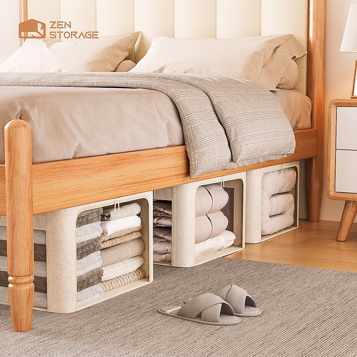 3Pack 60L Large Cloth Storage Bins with Metal Frame, Linen Storage Box with Clear Window, Stackable Sweater Storage for Closet, Clothes Storage Containers for Comforters, Blankets, Quilts, T-shirt