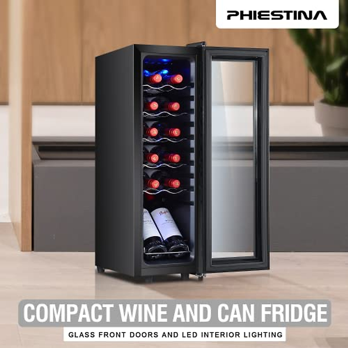 Phiestina Wine Cooler, Freestanding Wine Fridge Holds 12 Bottles, Small Wine Refrigerator for Home Bar with Digital Temperature Control, Glass Front Doors and Interior Lighting