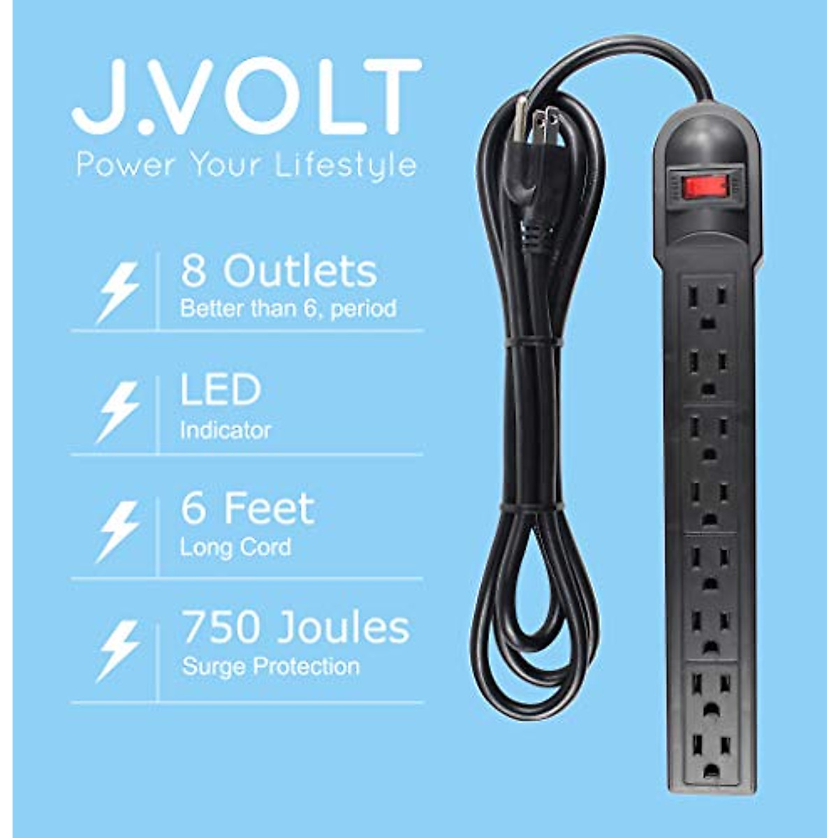 J.VOLT 8 Port Power Strip Surge Protector, 6 Feet Cord with Lit Switch, for Home Office School Shop Garage, Wall Mountable,750J 15A 125V 1875W, 14AWG, UL Listed, Black