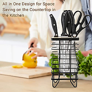 LINFIDITE Knife Block Holder Universal Kitchen Knife Organizer Storage Stand 8 Slots Top Hollow Iron Wire Safe to Use Different Size Shape Knife Sharpeners Scissors Kitchen Countertop Black