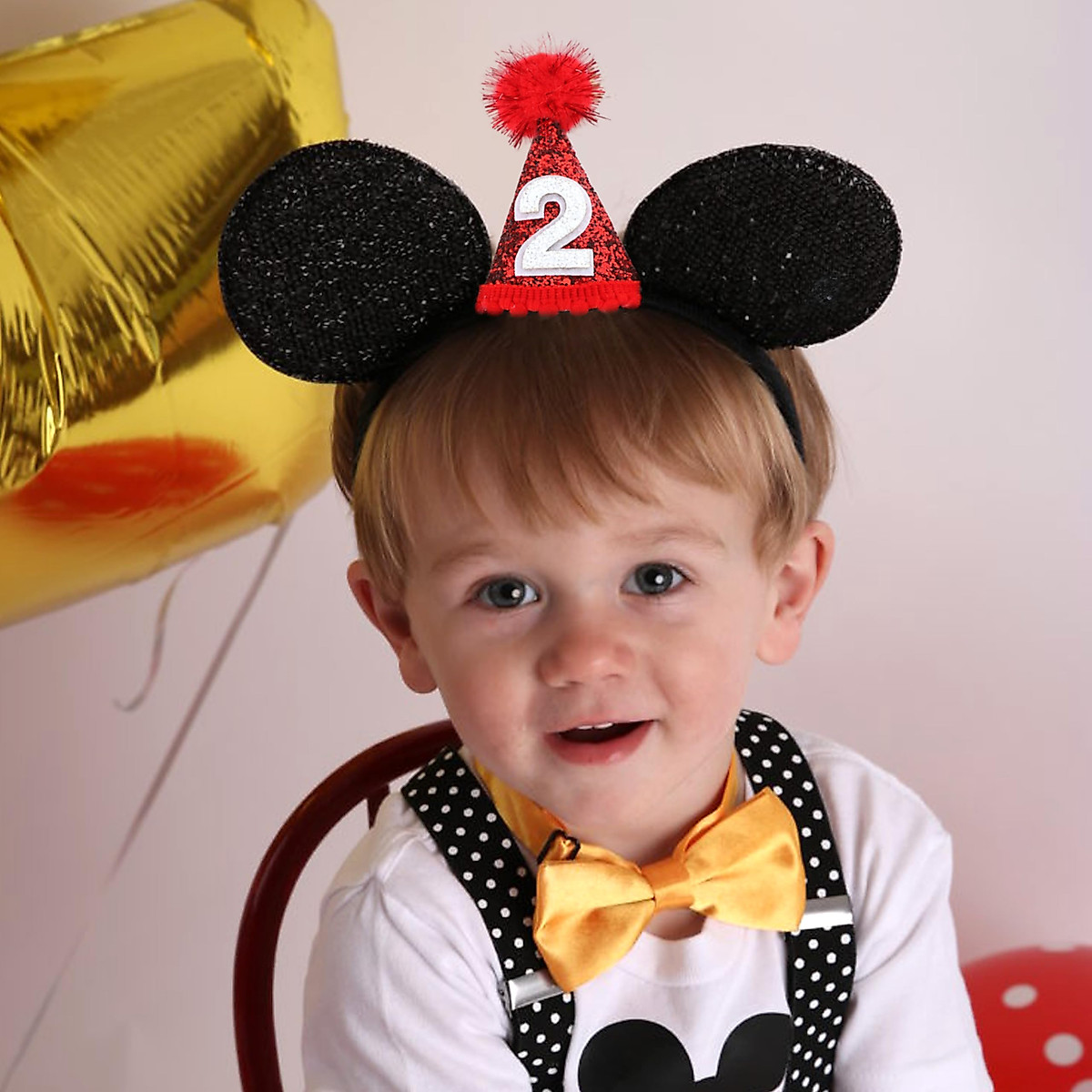VAVAYAO Mouse Ears Birthday Party Decorations - 2nd Birthday Headband With Mini Hat and Photo Props