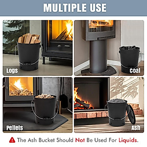 INNO STAGE Ash Bucket with Lid and Wood Handle Coal Shovel, Ash Carrier Pail Fireplace Tools,Fire Pit,Wood Burning Stove Black