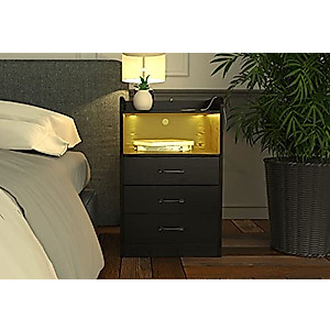 SUPERJARE Nightstand with Charging Station and LED Light Strips, Night Stand with Drawers, End Table with USB Ports and Outlets, Bedside Table for Bedroom, Black