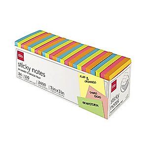 Office Depot® Brand Sticky Notes, With Storage Tray, 3" x 3", Assorted Neon Colors, 100 Sheets Per Pad, Pack Of 24 Pads