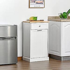 HOMCOM Kitchen Tilt Out Trash Bin Cabinet Free Standing Recycling Cabinet Trash Can Holder with Drawer, White Oak