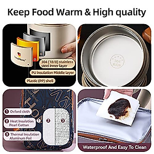 TiLeMiun Microwave Safe Thermal Lunch Box For Food, Portable Insulated Lunch Containers For Aldults To Work, 18/8 Stainless Steel Leakproof Stackable Food Container With Bag (Blue 4Pcs 68oz)