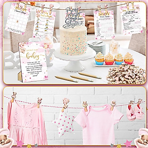 Patelai 321 Pcs Baby Shower Games Supplies, 5 Sets (50 Cards Each) Activities Cards with 20 Pencils 1 Don't Say Baby Sign 50 Clothespin(Pink Bear)