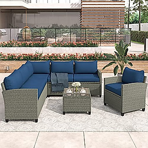 EMKK Outdoor Patio Furniture Conversation Set 5 Pieces All Weather PE Wicker Rattan Sectional Sofa Couch with Cushions and Glass Table for Lawn, Backyard, Garden, C-Blue