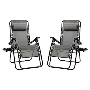 Flash Furniture Celestial Adjustable Folding Mesh Zero Gravity Reclining Lounge Chair with Pillow and Cup Holder Tray in Gray, Set of 2