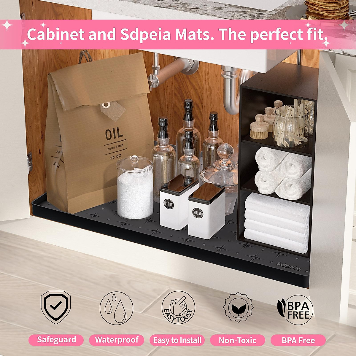 Sdpeia Under Sink Mat for [31" x 22"] Cabinet, Upgraded Silicone Waterproof Mat Kitchen Cabinet Liner Cabinet Protector Kitchen Organizers and Storage