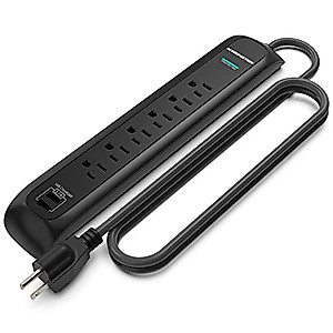 Monster 6ft Heavy Duty Black Power Strip and Tower Surge Protector, 1200 Joule Rating, 6 120V-Outlets, and 2 USB-A Ports- Ideal for Computers, Home Theatre, Home Appliances, and Office Equipment