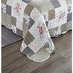 Brilliant Sunshine Roses and Toile Quilt Set, 2-Piece Bedding Sets with 1 Sham, Patchwork Design, Washable and Reversible Bedspread, Soft Lightweight Coverlet, All-Season, Twin/Twin XL, Rose Grey