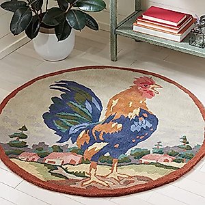 SAFAVIEH Novelty Collection 3' Round Ivory / Rust NOV253A Handmade Country Rooster Premium Wool Area Rug