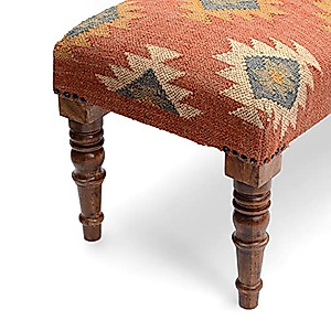 NATURAL FURNISH Wooden Bench for Living Room, Wool Jute Kilim Bench for entryway, Fabric upholstered Bench for Seating
