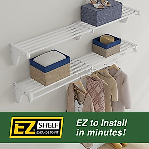 EZ Shelf - DIY Expandable Closet Shelf (NO Hanging Rod) - 40.5” to 73” - White - Easy to Install to 2 Sidewalls -(EZS-SW72)- Wire Closet Shelving Alternative
