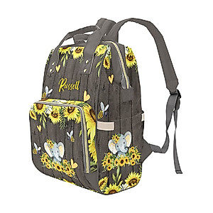 Liveweike Elephant Sunflower Bee Personalized Diaper Bag Backpack Custom Name Daypack Large Mommy Bag for Teen Girl Boy Student