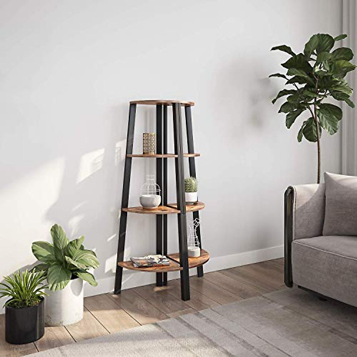 Ballucci Modern Corner Ladder Shelf, 4-Tier Corner Bookshelf Storage Rack & Plant Stand, Wood with Metal Frame - Rustic Brown