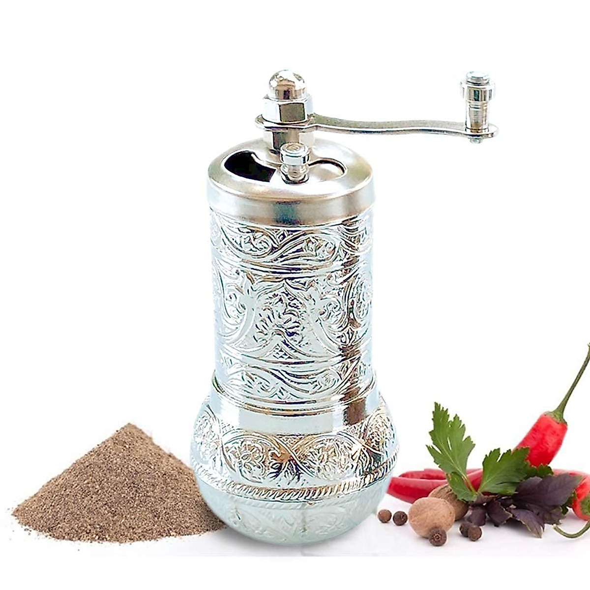 Salt and Black Pepper Grinder, Refillable Spice Grinder, Vintage Turkish Pepper Mill, Authentic Salt Grinder with Adjustable Coarseness, 4.2 in (Bright Silver)