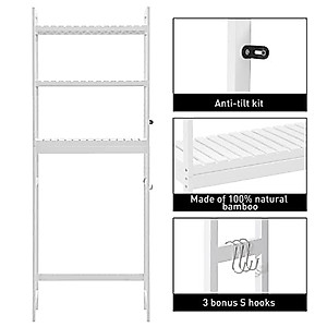 HITOMEN Over The Toilet Storage Cabinet, Bamboo Adjustable 3-Tier Above Toilet Shelf, Stable Freestanding Above Toilet Organizer with 3 Hooks for Bathroom Restroom Laundry Balcony, White 67" H
