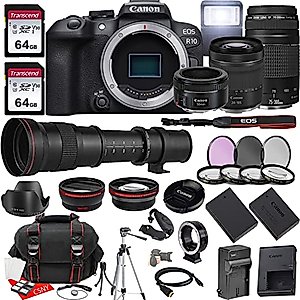 Canon EOS R10 Mirrorless Camera w/RF 24-105mm f/4-7.1 is STM + EF 75-300mm f/4-5.6 III + EF 50mm f/1.8 STM + 420-800mm f/8.3 Lenses + 2X 64GB Memory, Hood, Case, Filters, Tripod & More (35pc Bundle)