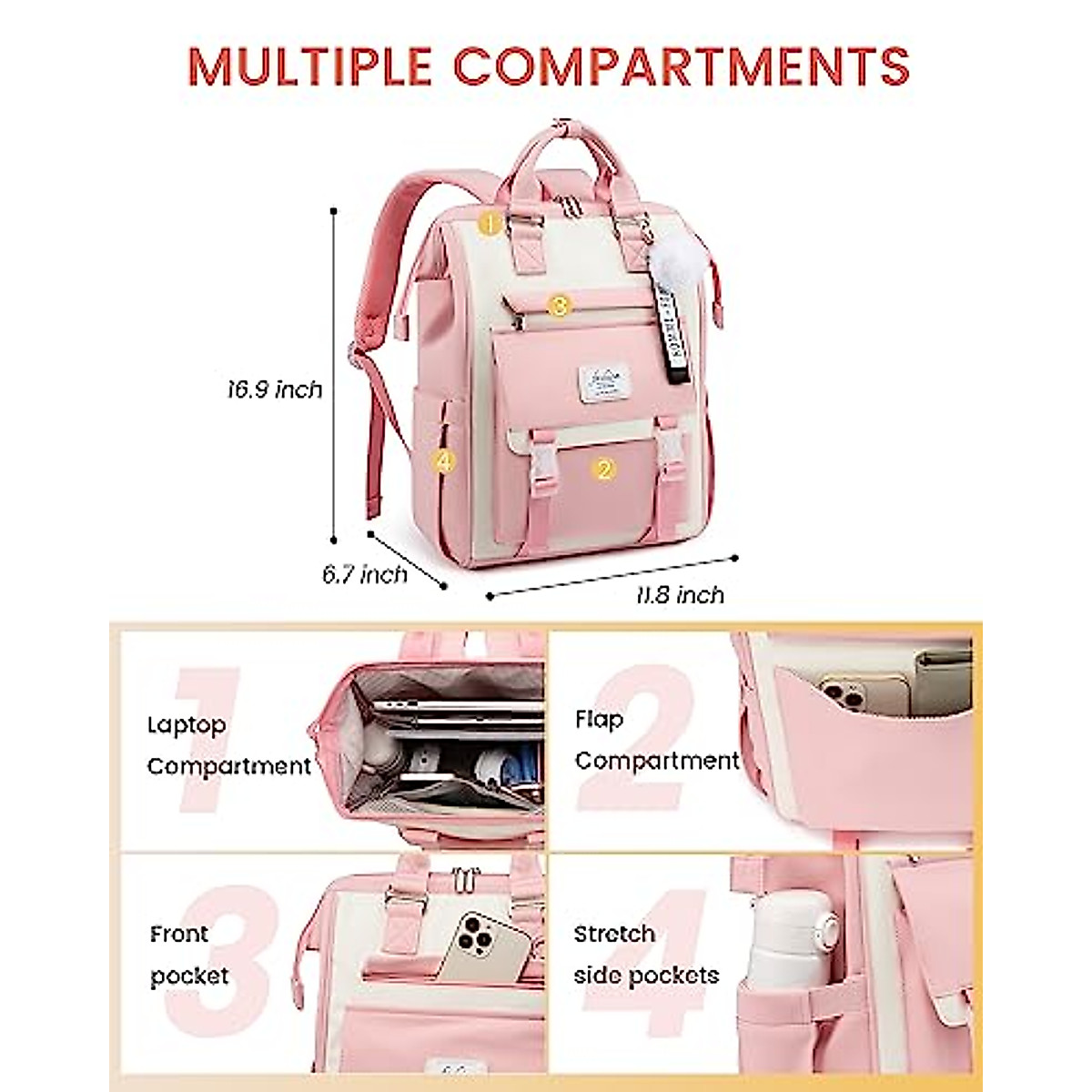 LOVEVOOK Laptop Backpack for Women,15.6 Inch College Backpack,Light Weight Travel Backpack Waterproof Casual Daypack Computer Backpack fits Travel Work Casual（15.6 inch,Pink&Beige）