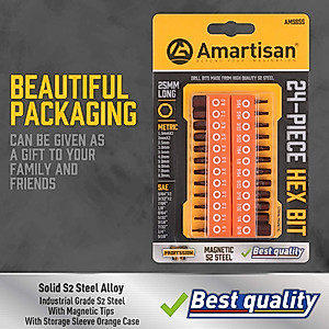 Amartisan 24-Piece Hex Head Allen Wrench Drill Bit Set, Metric and SAE S2 Steel Hex Bits Set, 1" Long