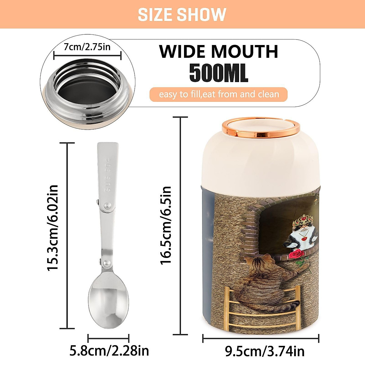 CUPADA Creative Cat Lovers Food Jar, Rose Dating Insulated Hot Food Jars Vacuum 17OZ with Folding Spoon for Work Trip Picnic Camping
