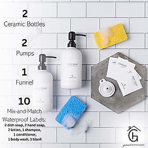 GraceHomewares Stoneware Ceramic Dish Soap Dispenser for Kitchen Sink | Kitchen Soap Dispenser Set | Soap Holder | Bathroom Hand Soap Dispenser | Waterproof Labels | 2 Pack | White w/Black Pump