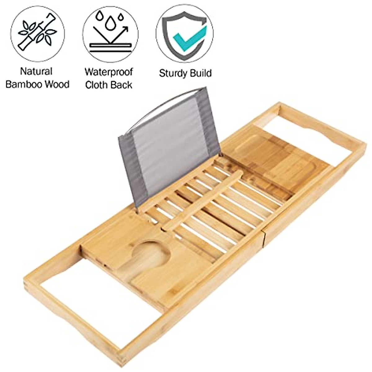 Bamboo Bath Caddy-Natural Wood Bathtub Tray with Extending Sides, Secure Cupholders and Water-Proof Book, Tablet, or Phone Holder by Lavish Home