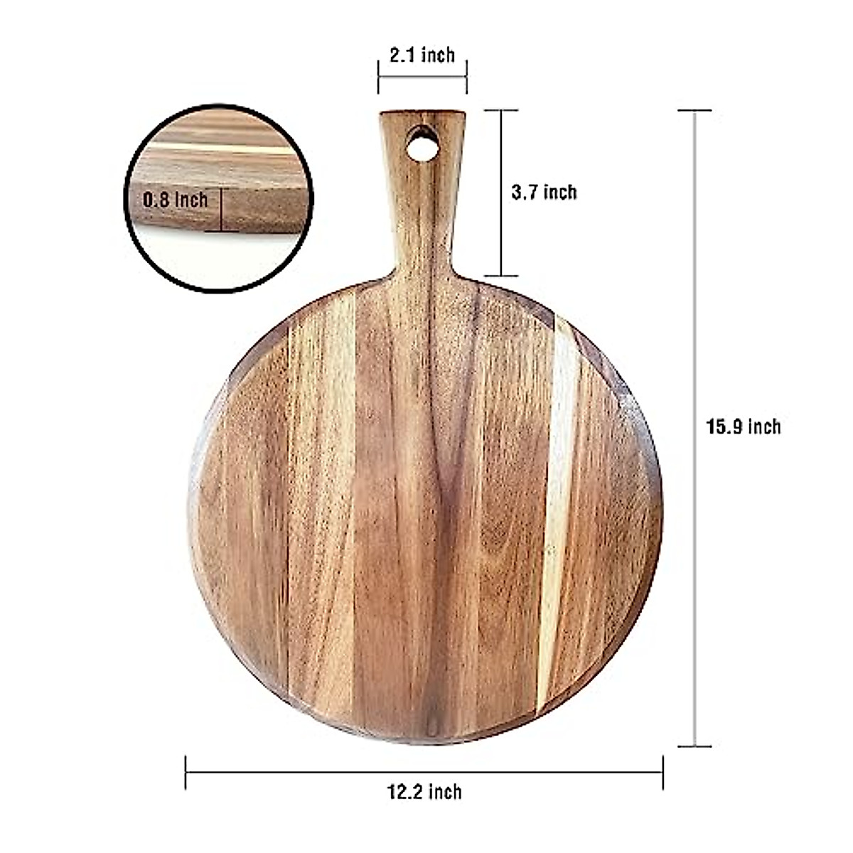 Vees Goods Acacia Wood Cutting Board with Handle - Kitchen Round Cutting Board Set includes Glove and Towel - Great Use for Pizza, Charcuterie, Chopping Board - Size (15.9” x 12.2”)