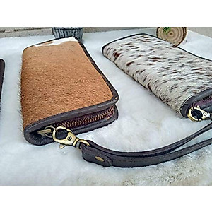 Womens Zipper Wristlet Clutch - Brown Cow Hide Cow Skin Leather Hand Clutch Zip Phone Wallet Clutch Card Case 8' X 4' - Gift for her