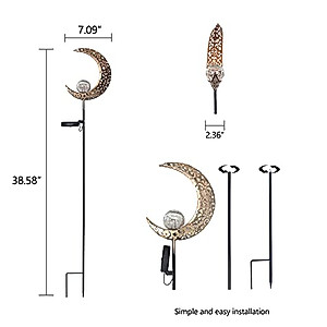 Asense Garden Solar Lights Pathway Stake Outdoor Metal Sculpture Art Decor, Solar Powered LED Lights for Lawn Patio Courtyard, Moon with Crackle Glass Ball